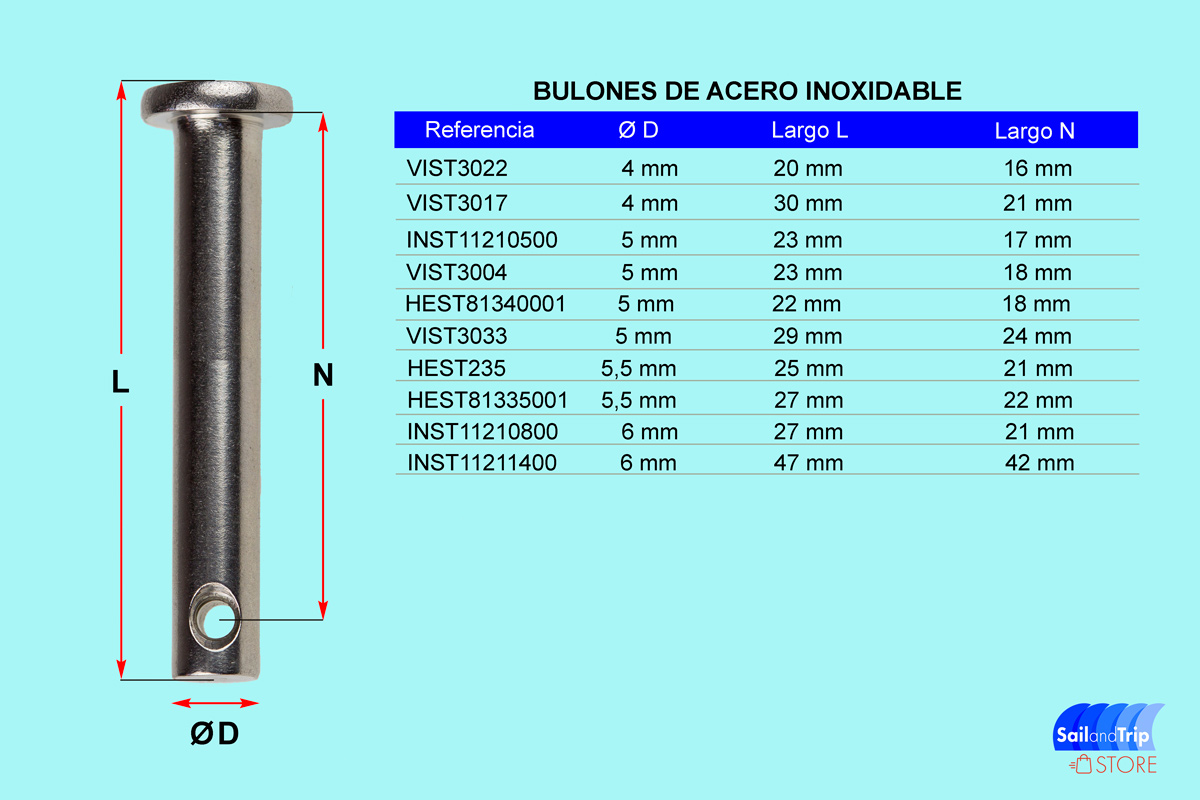 BULÓN NÁUTICA DE ACERO INOXIDABLE CON ORIFICIO